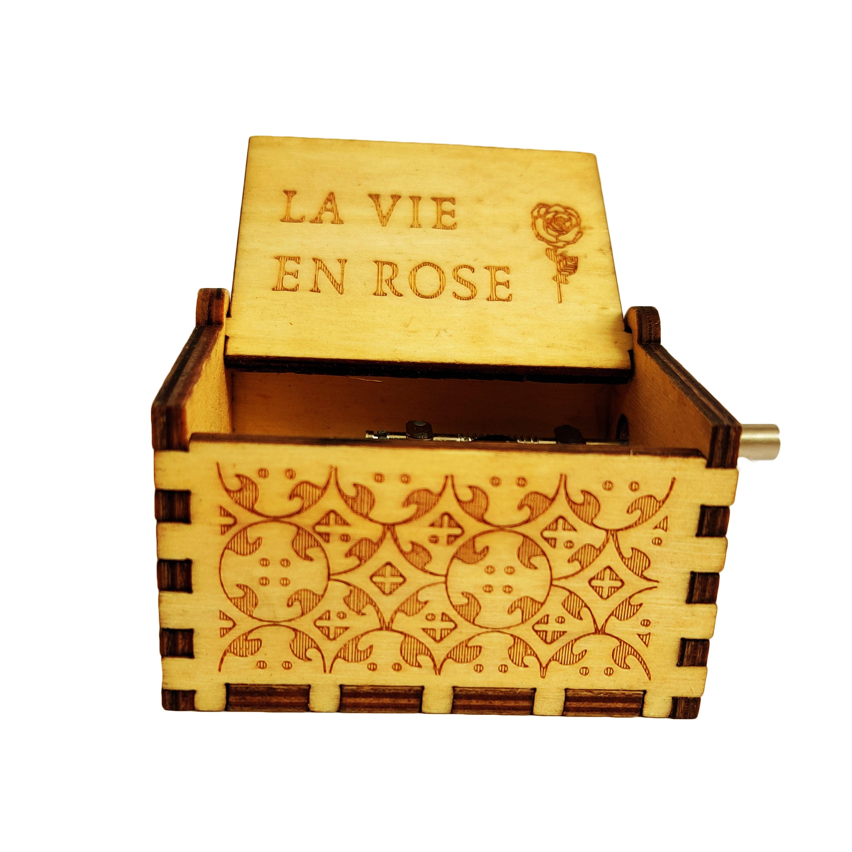 La Vie En Rose Wooden Hand Cranked Engraved Music Box