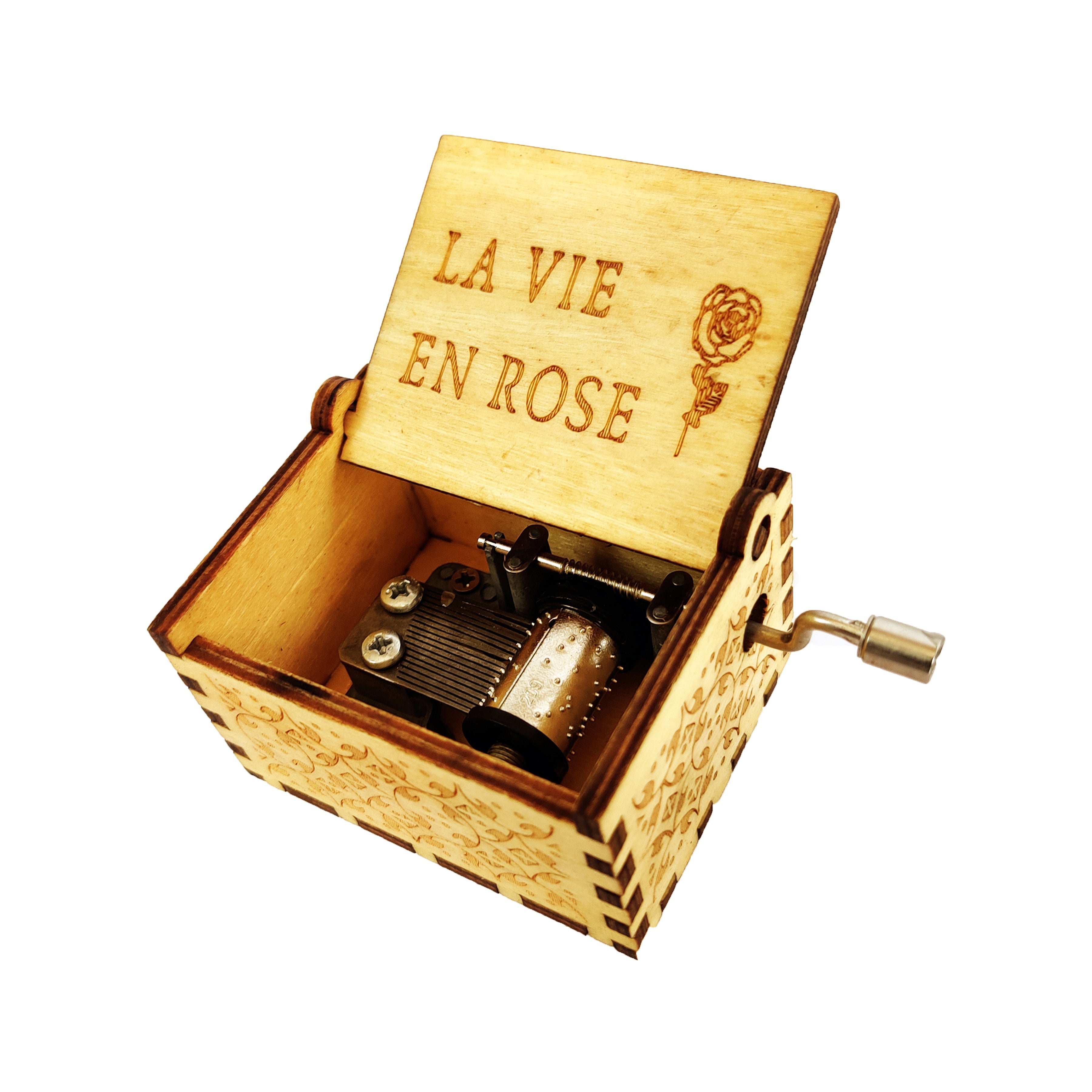 La Vie En Rose Wooden Hand Cranked Engraved Music Box